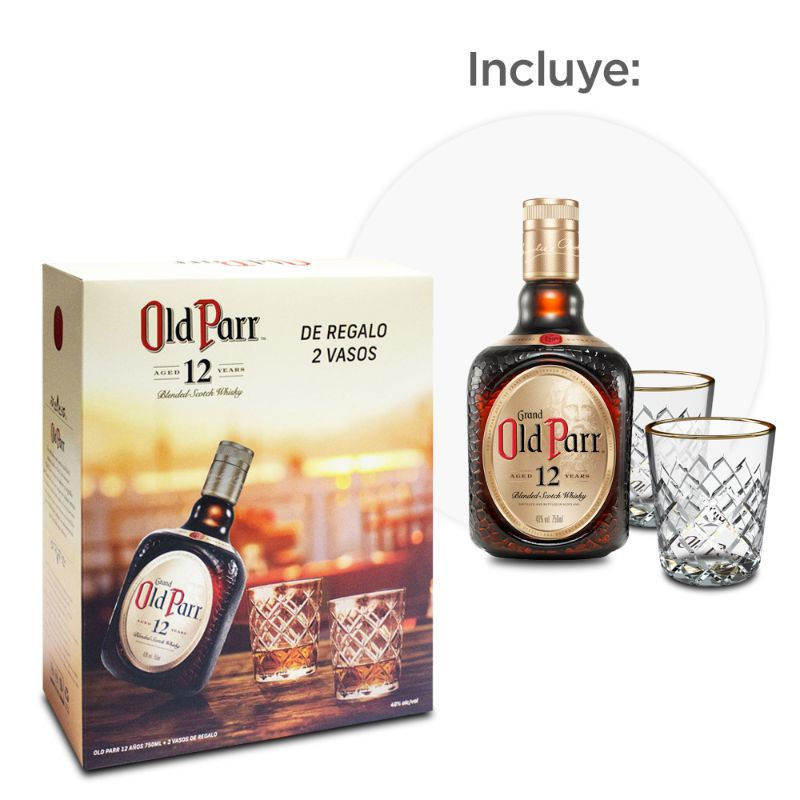 Pack Whisky Old Parr 12 Años Botella 750ml + 2 Vasos | Lider
