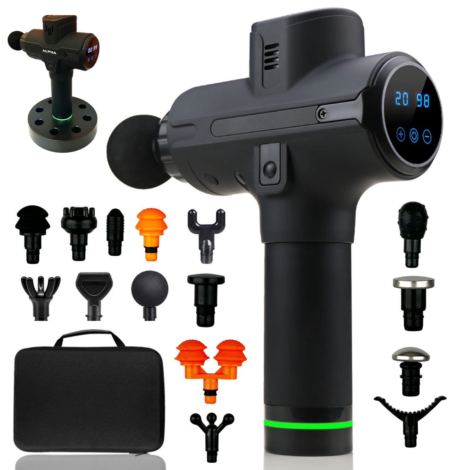 Pistola de Masajes Gun • Pack Completo • 15 Cabezales + Base de Carga ...