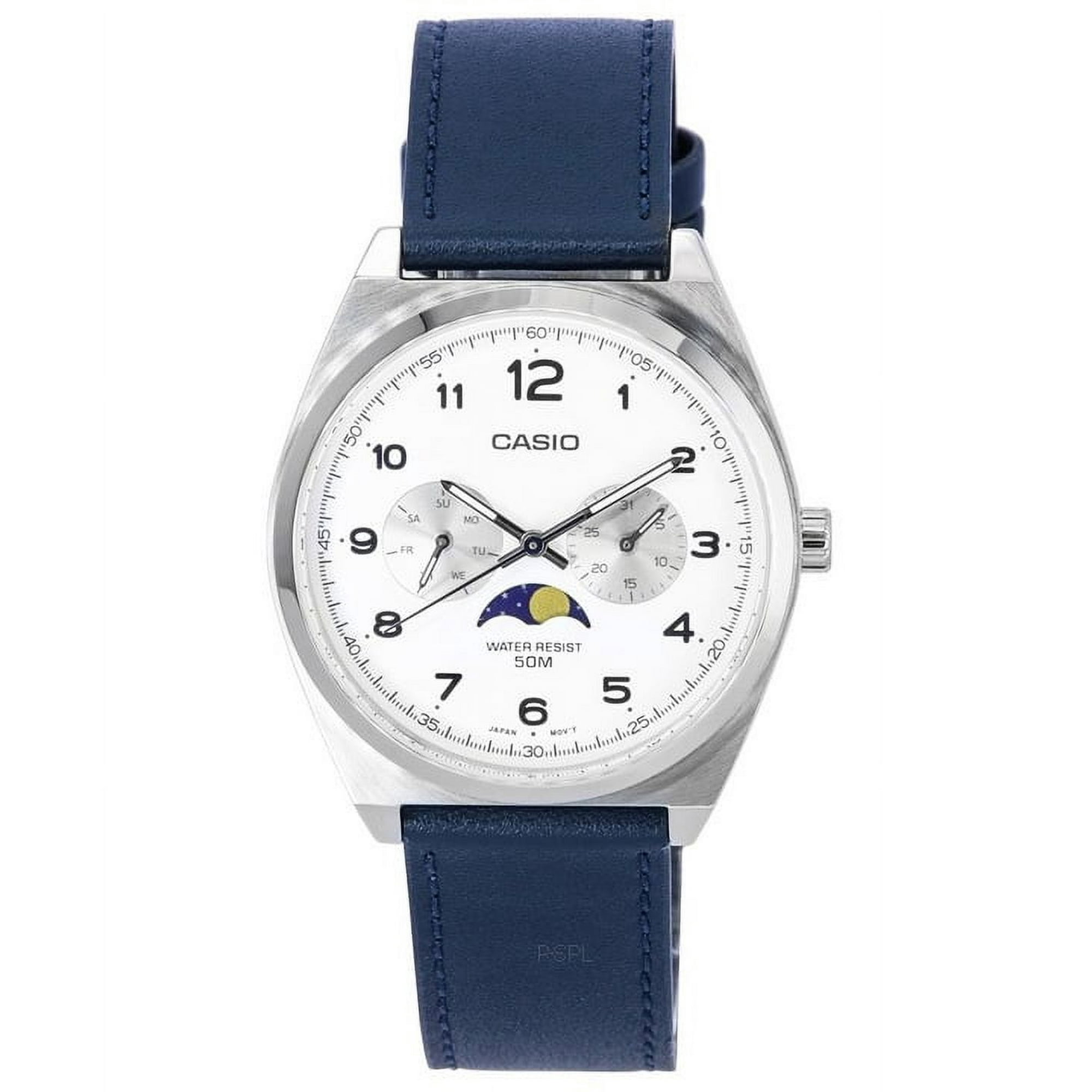 Reloj Casio Standard Analog Moon Phase White Dial Leather Strap Quartz ...