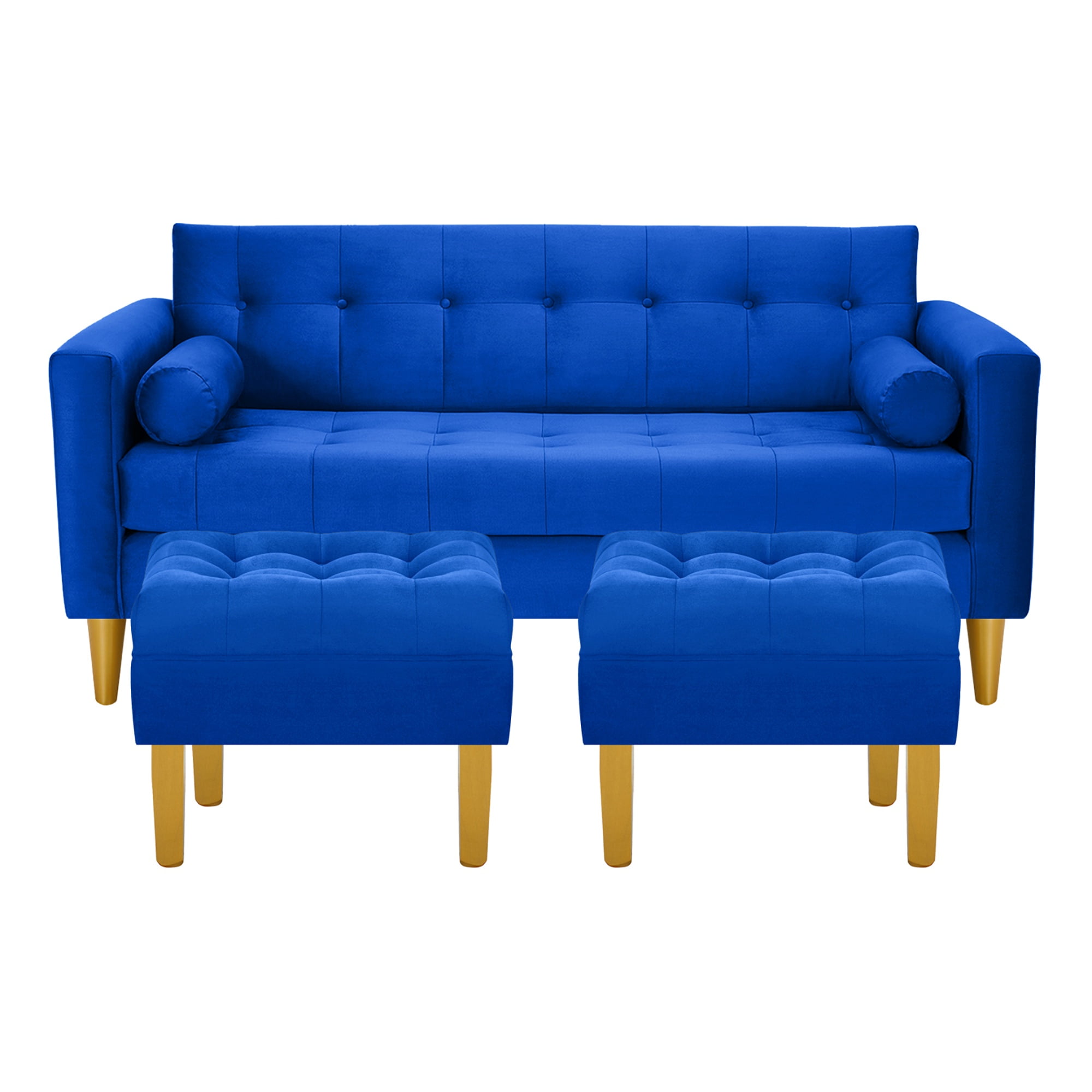 Sofa Retro 3c + 2 Pouf Felpa 01 Azul Rey | Lider