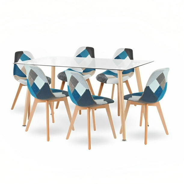Comedor mesa rectangular vidrio 120cm + 6 sillas Patchwork wood Celeste | Lider