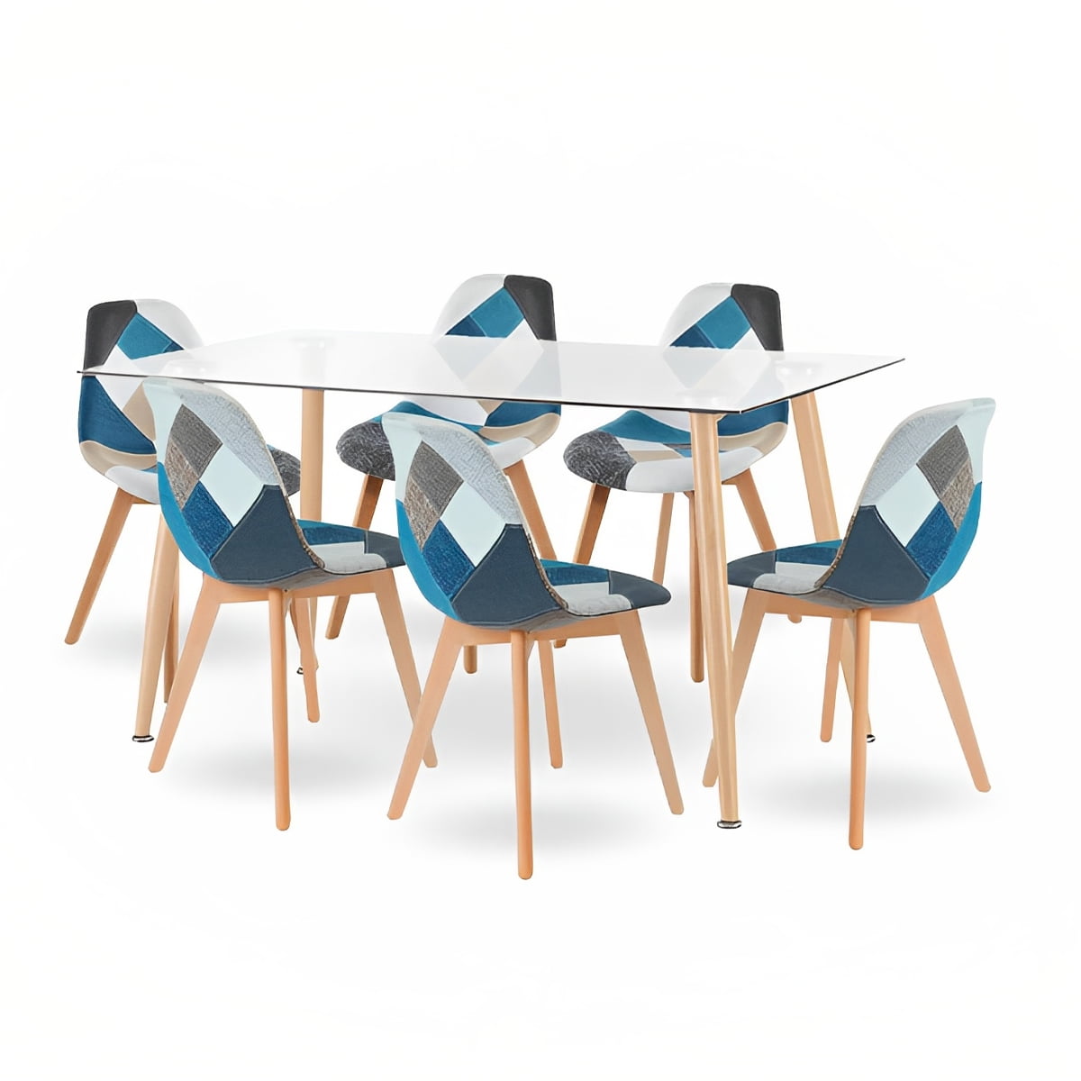 Comedor mesa rectangular vidrio 120cm + 6 sillas Patchwork wood Celeste | Lider