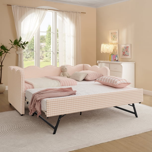 Cozy Gingham Daybed with Trundle Twin Size Sofa Bed No Box Spring ...