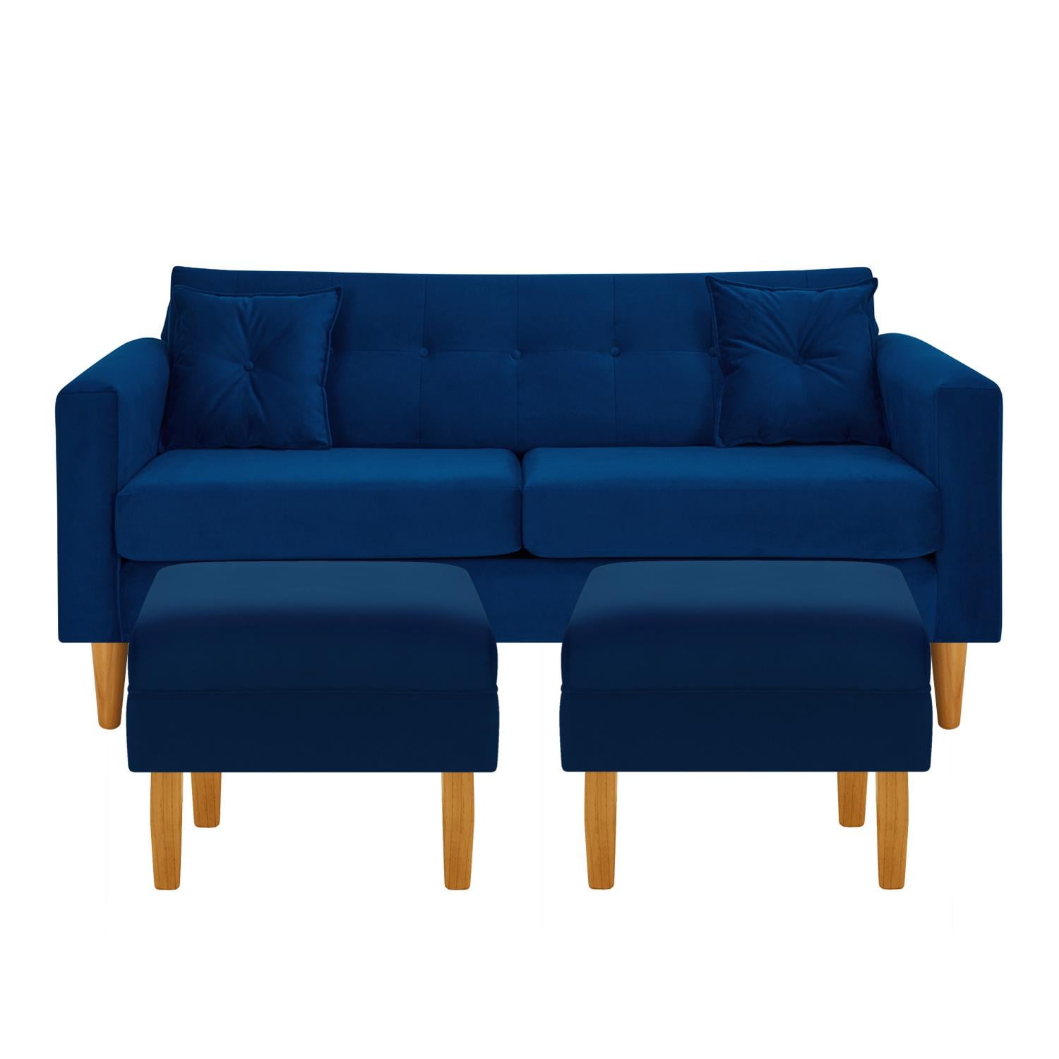 Sofa New Retro 3C + 2 Pouf Felpa 04 Azul Marino | Lider