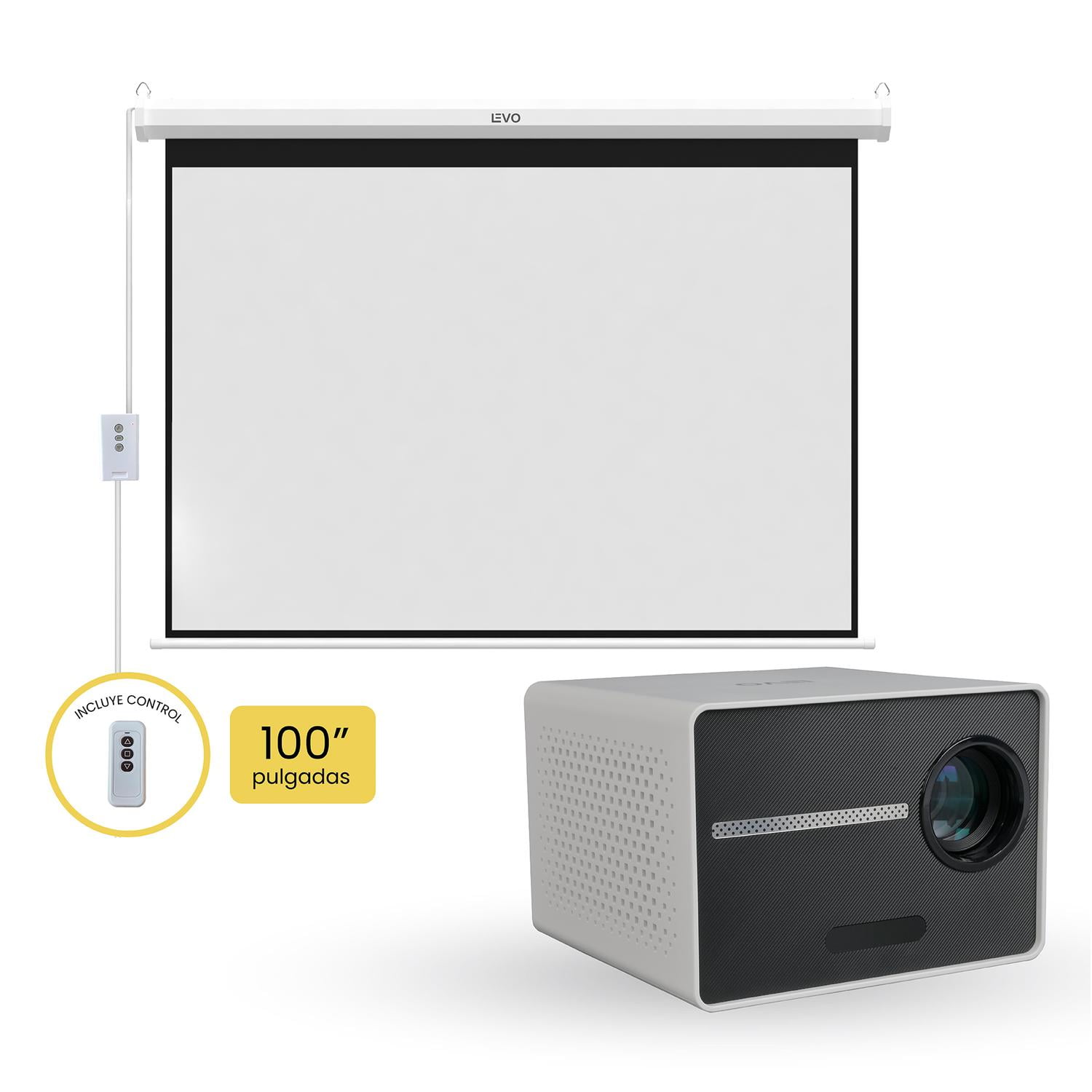 Proyector Portatil Halo 9000lm + Telón Electrico 100" LEVO blanco | Lider