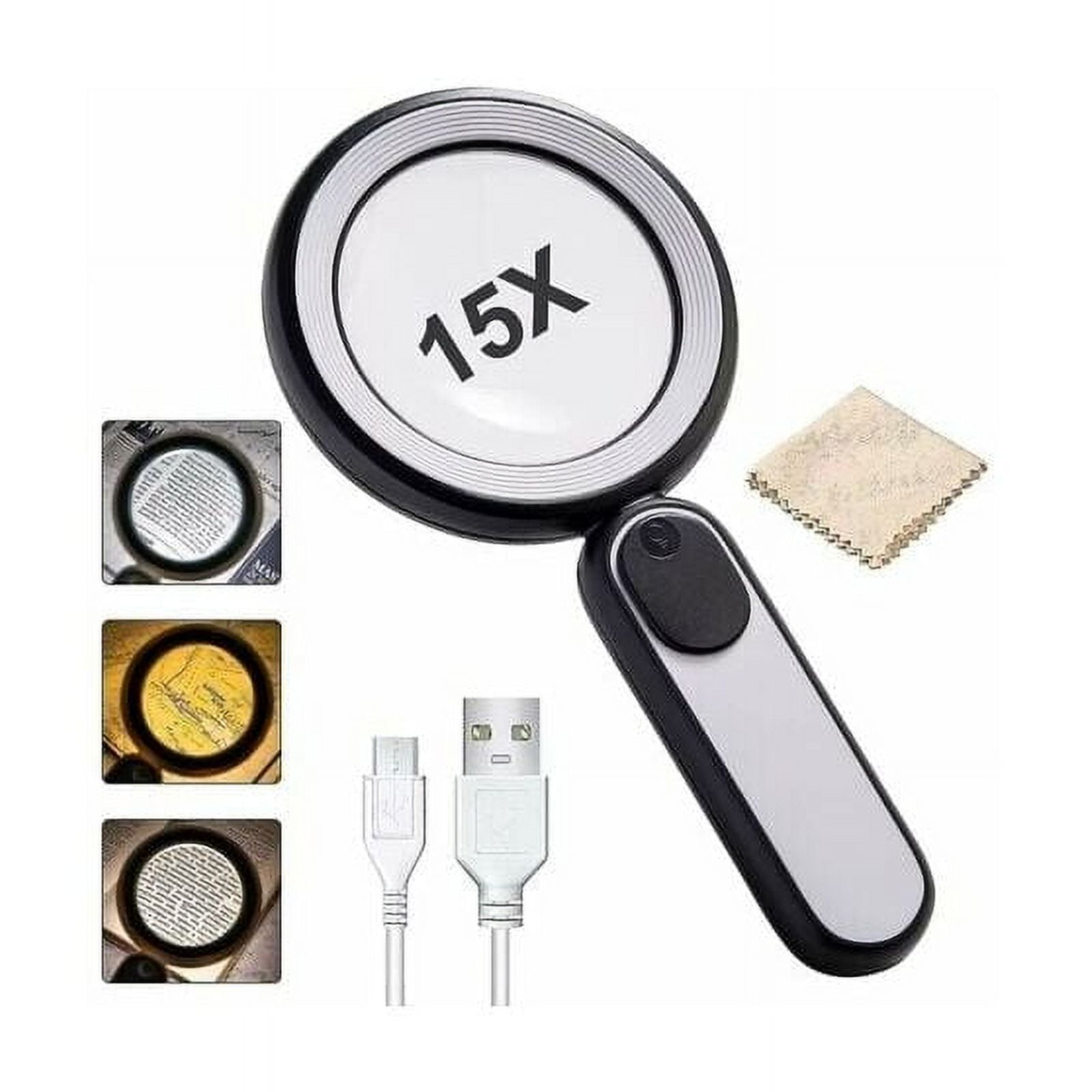 Lupa de lectura de mano recargable de 21 LED 15X con 3 modos de luz ...
