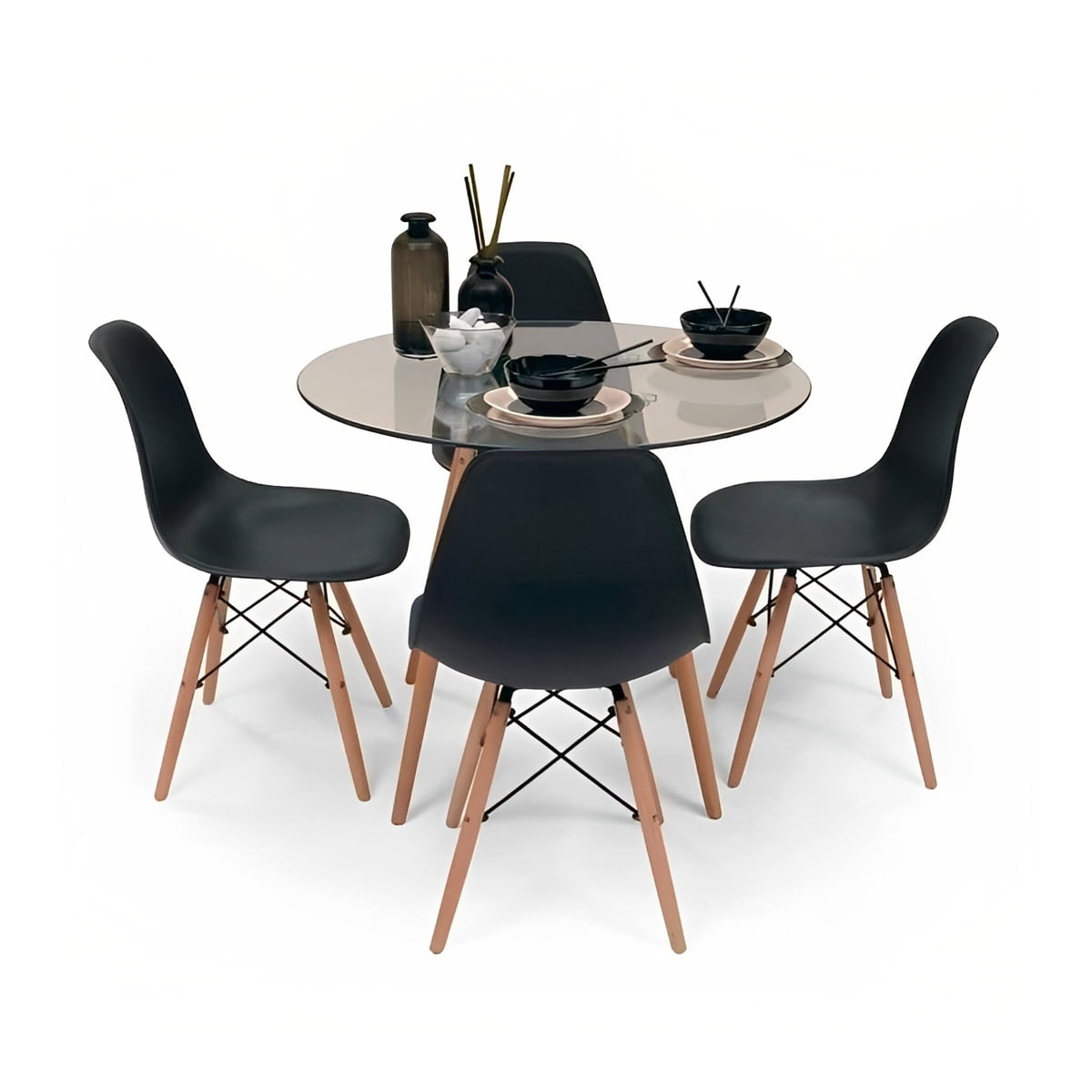 Comedor Mesa Eames Vidrio 80cm + 4 Sillas Eames Negras | Lider