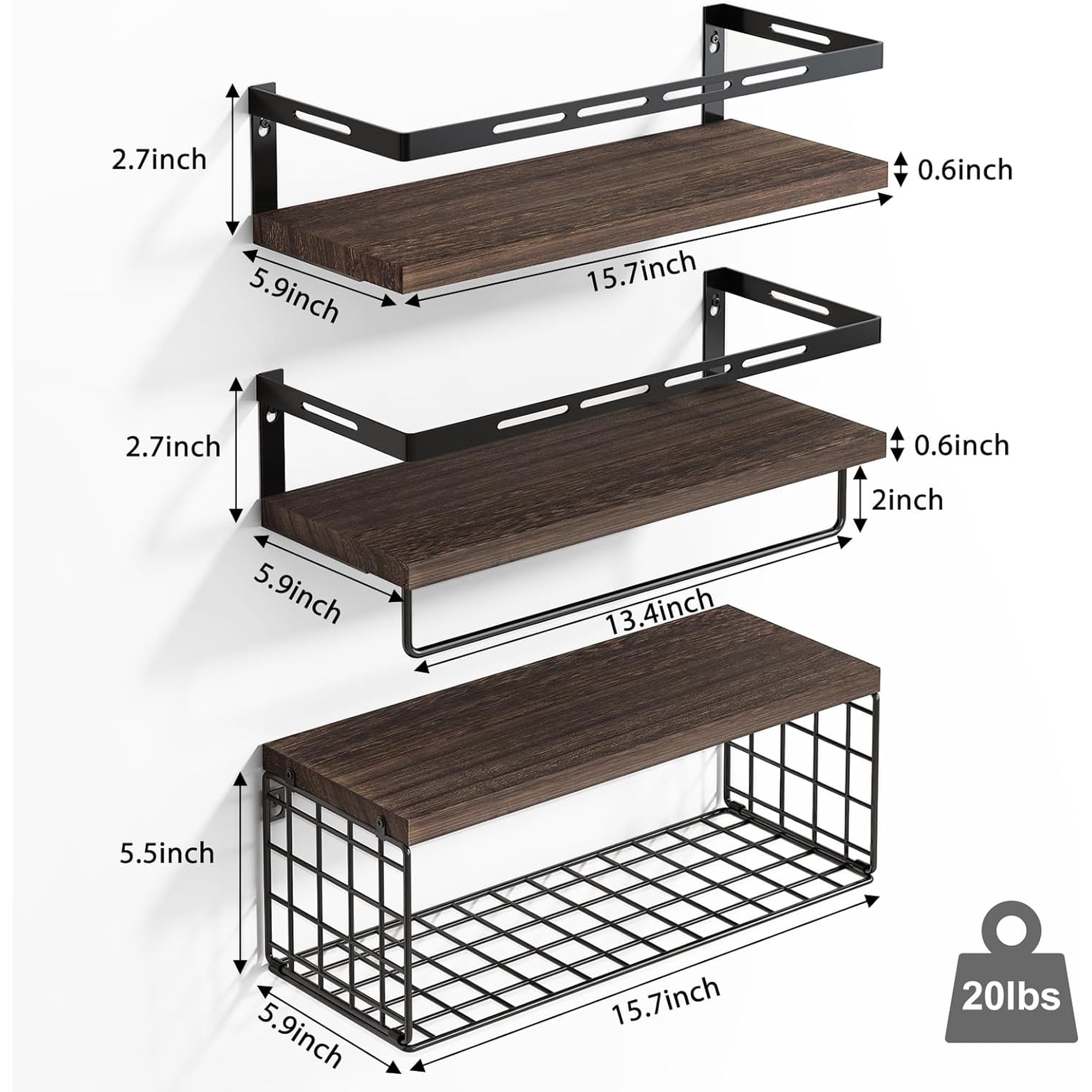 Repisa Flotantes De Madera Modernas X3 Con Reja Pino Nano0086 | Lider