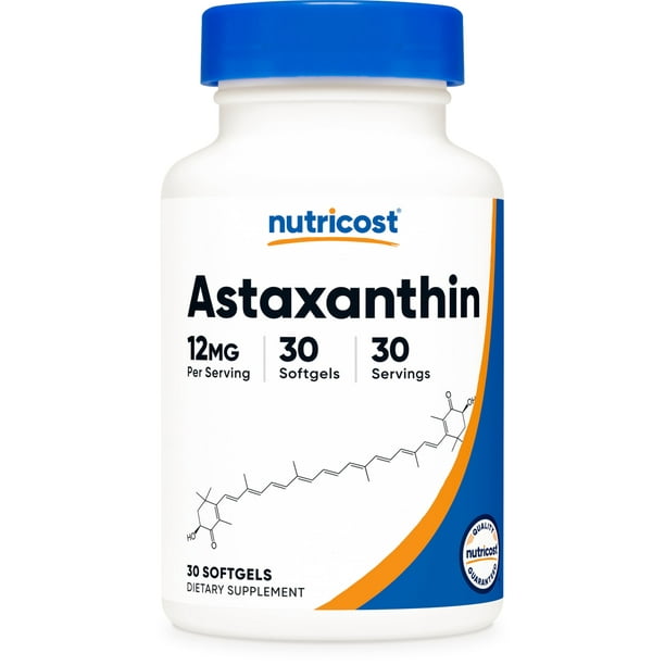Suplemento Nutricost de astaxantina, 12 mg, 30 cápsulas blandas, sin OGM | Lider