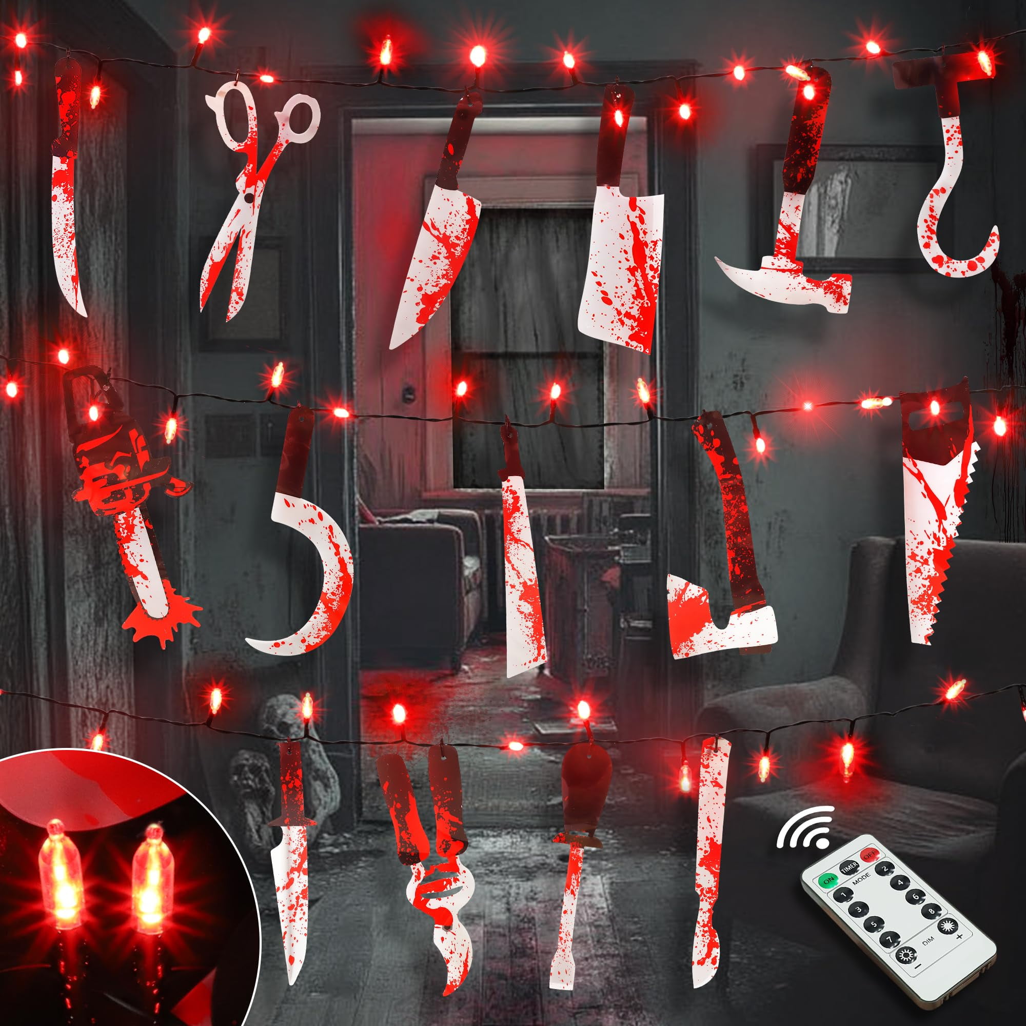 [Decoración] Pancarta sangrienta de Halloween con cadena de luces rojas ...