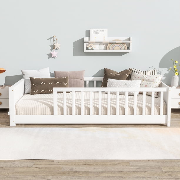 Twin size Floor Platform Bed with Built-in Book Rack,White(Old Sku ...