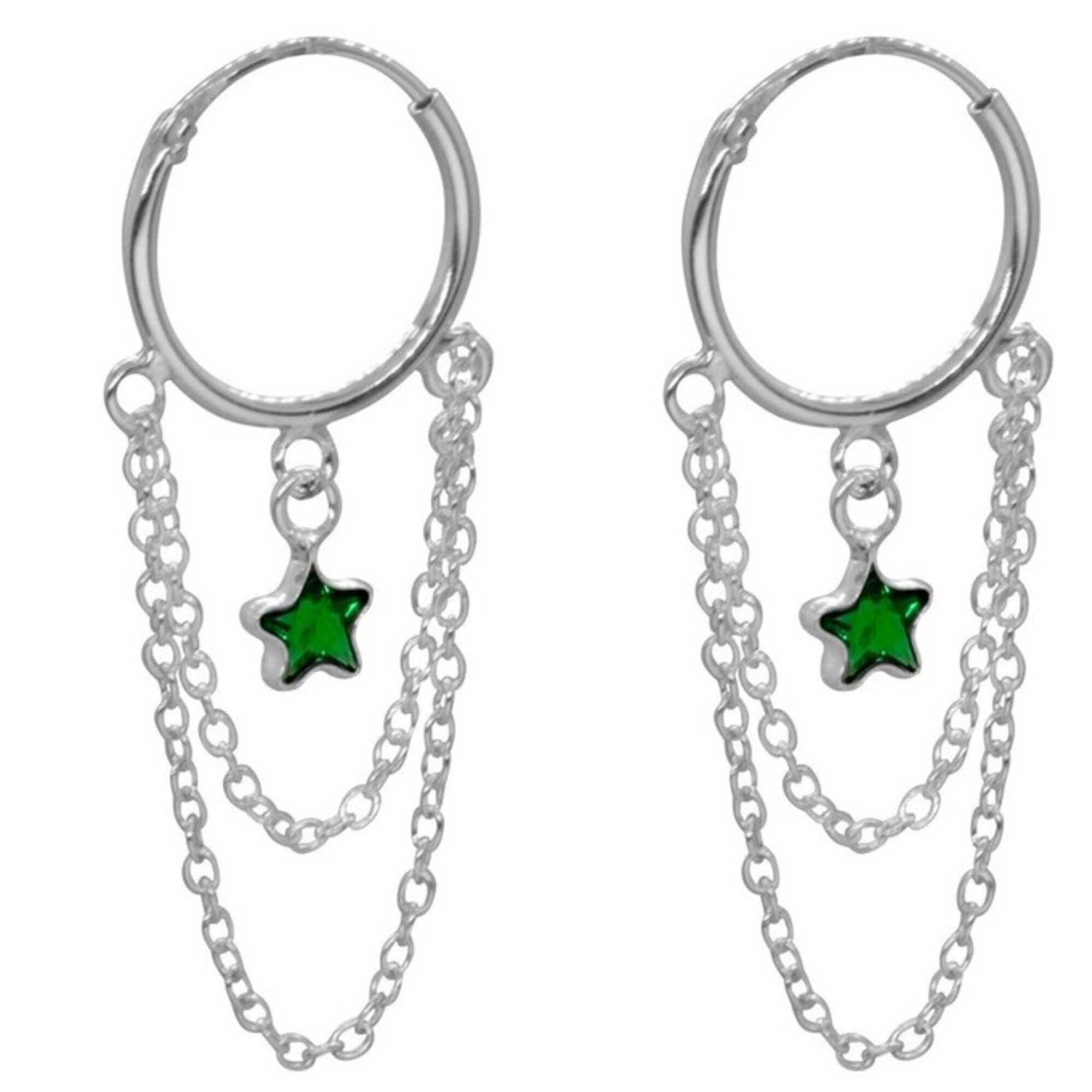 Aro Plata Argolla Cadena Estrellas Circón Verde Caja de Regalo | Lider