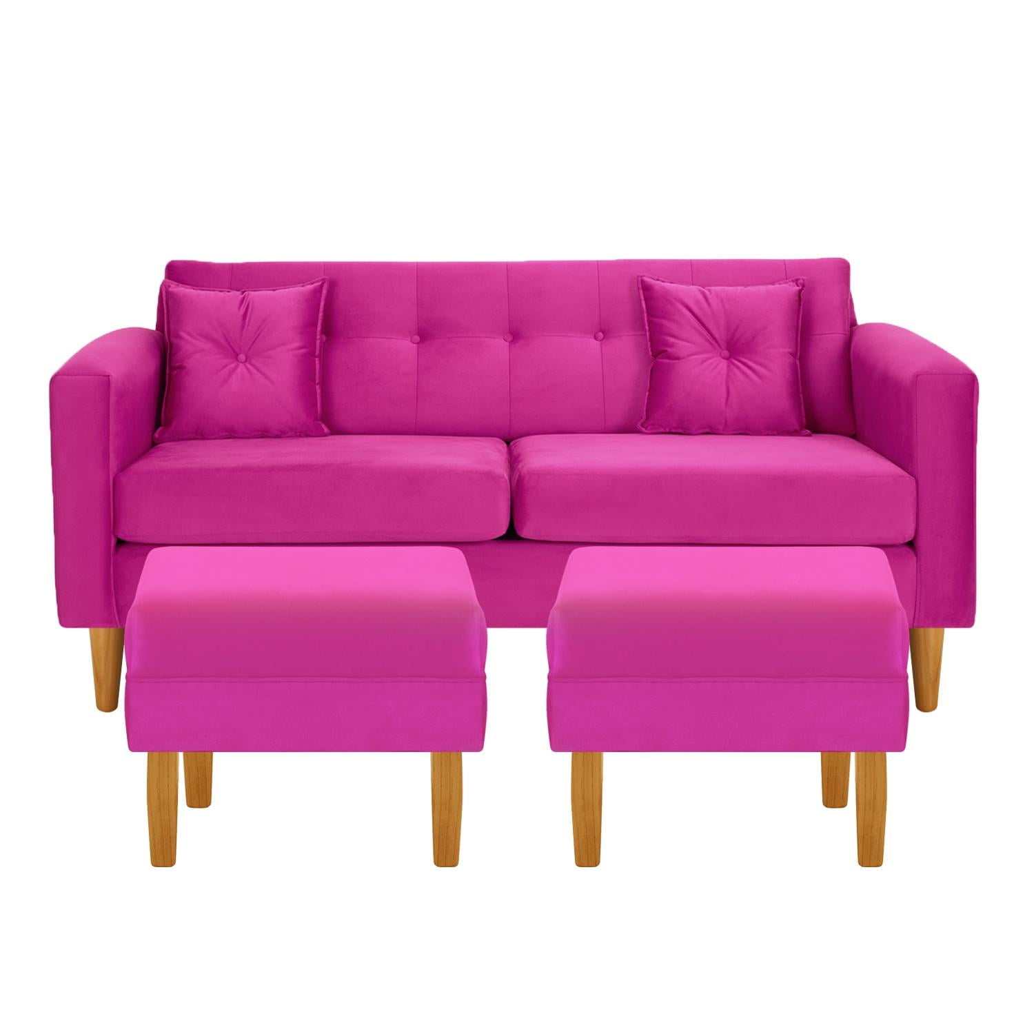 Sofa New Retro 3C + 2 Pouf Felpa 04 Fucsia | Lider