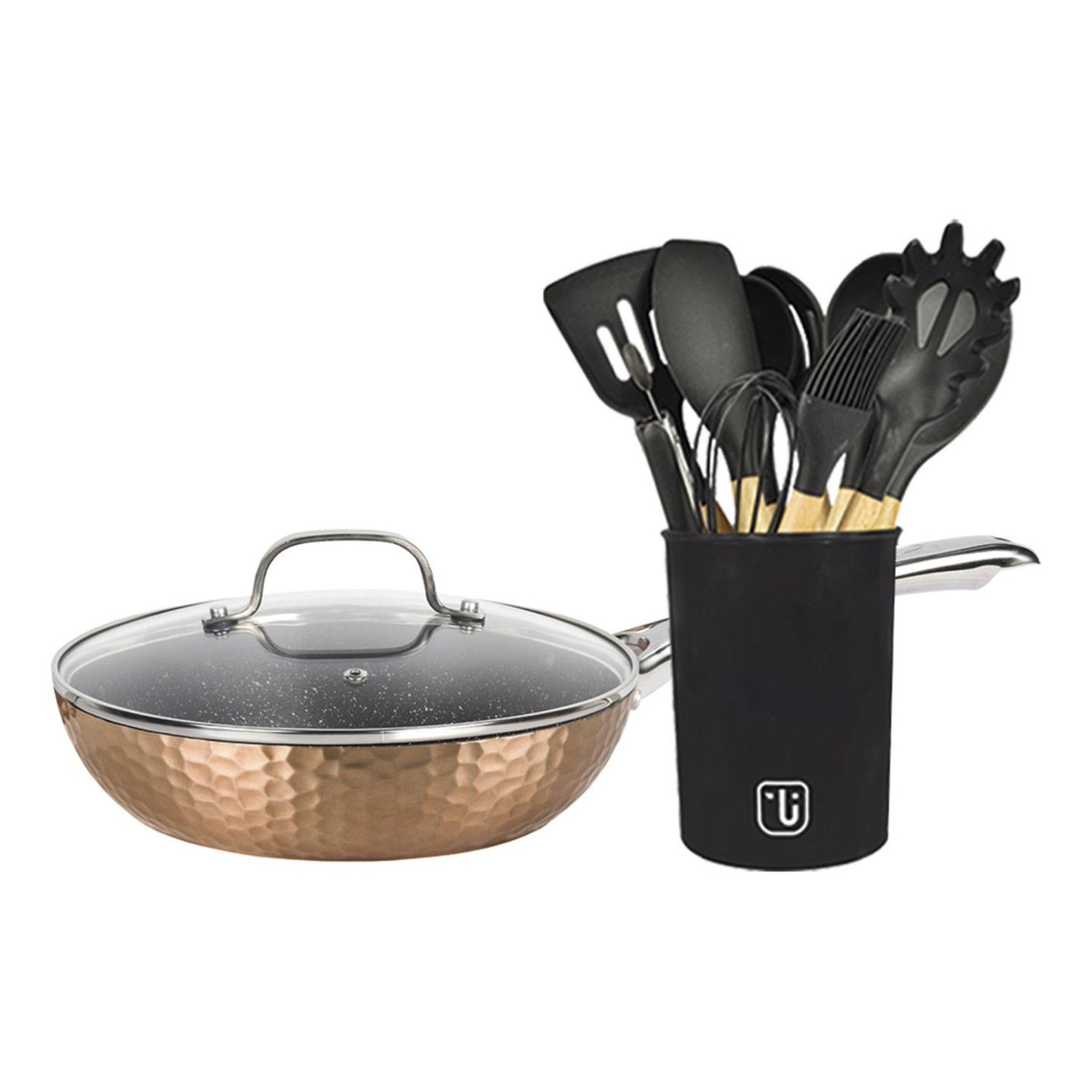 Kit Sartén Antiadherente Copper + Set 12 Utensilios Simplit dorado | Lider
