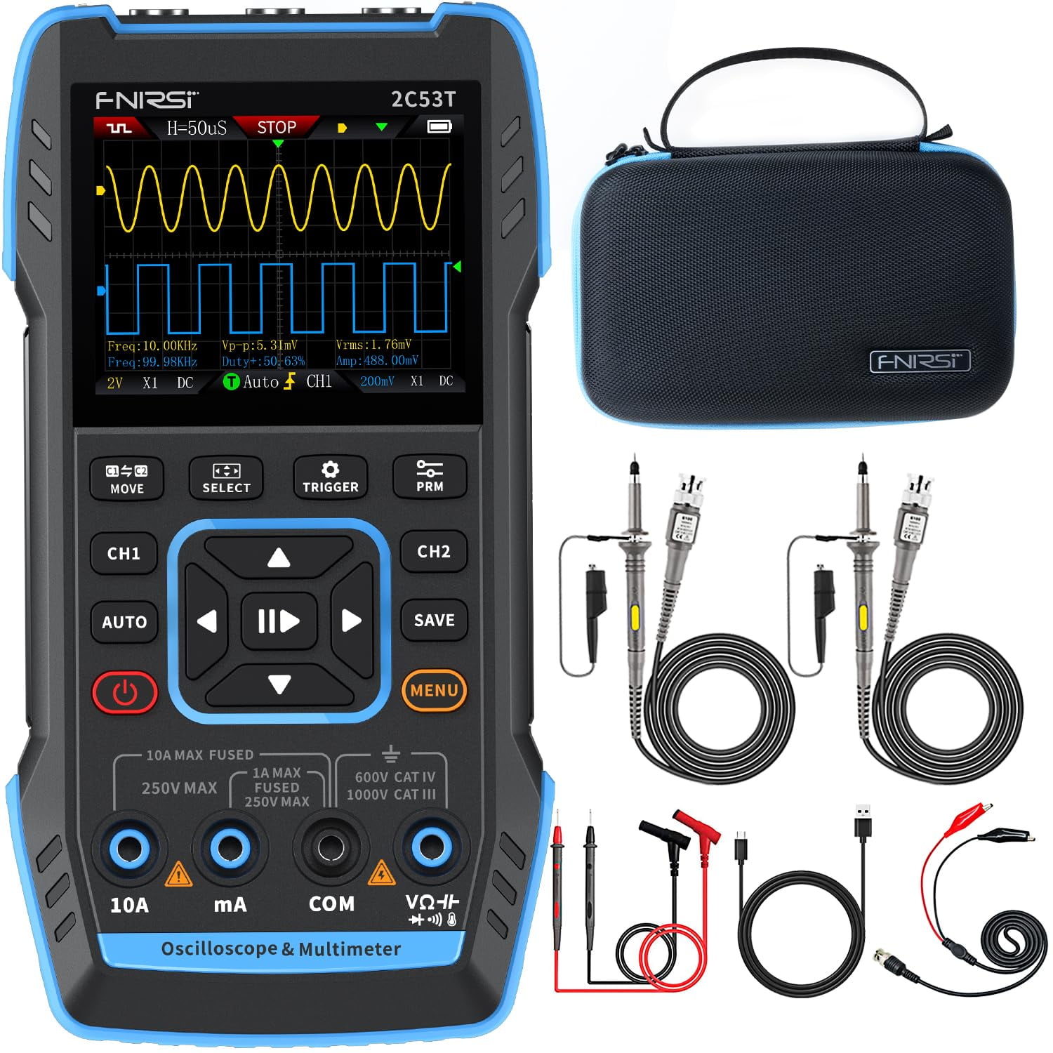 Osciloscopio portátil FNIRSI 2C53T con ancho de banda mejorado de 50 ...