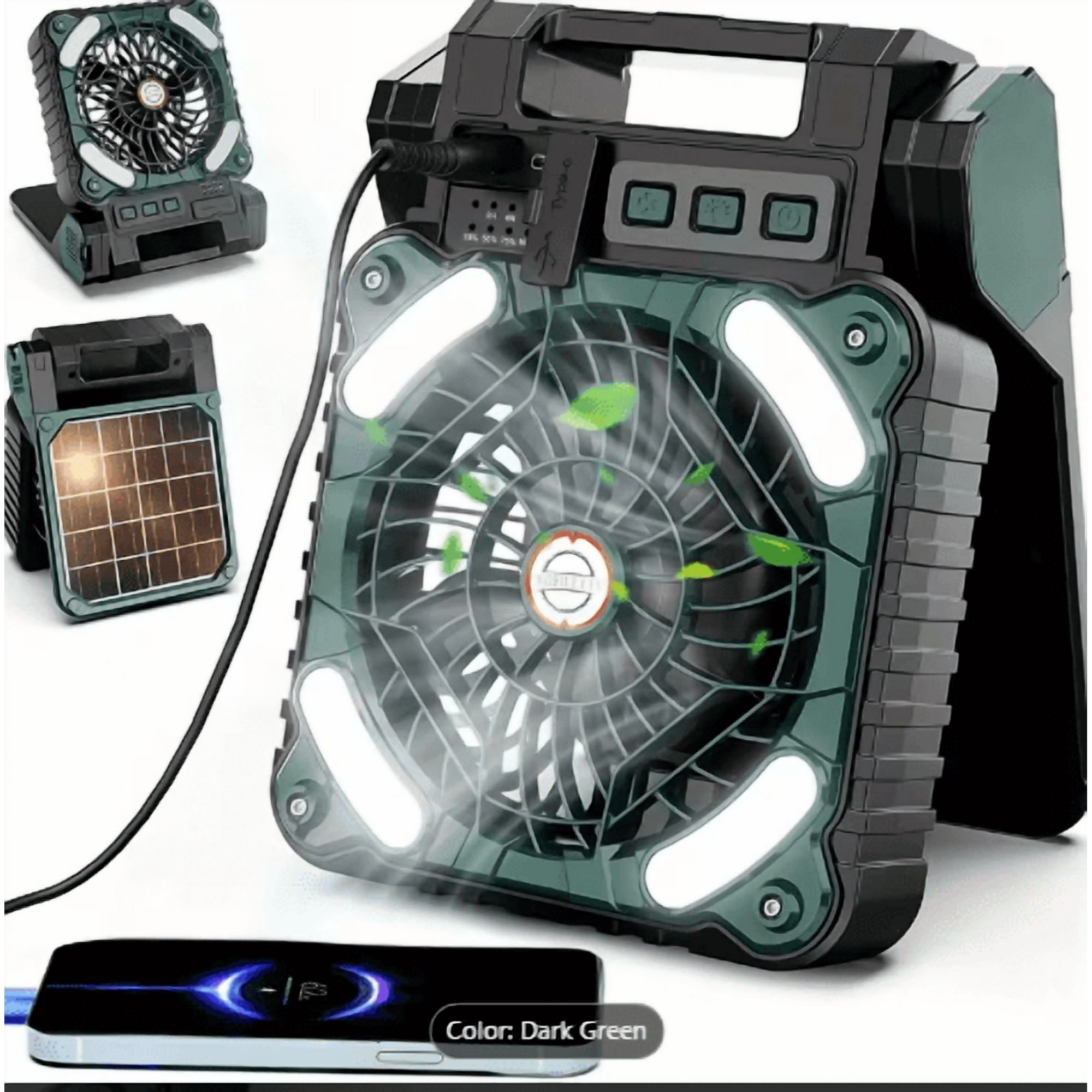 LED Solar-Powered Portable Outdoor Fan with USB Charging, Foldable ...