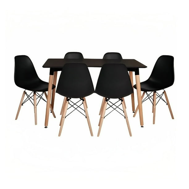 Comedor Mesa Rectangular Negra + 6 Sillas Eames Negras | Lider