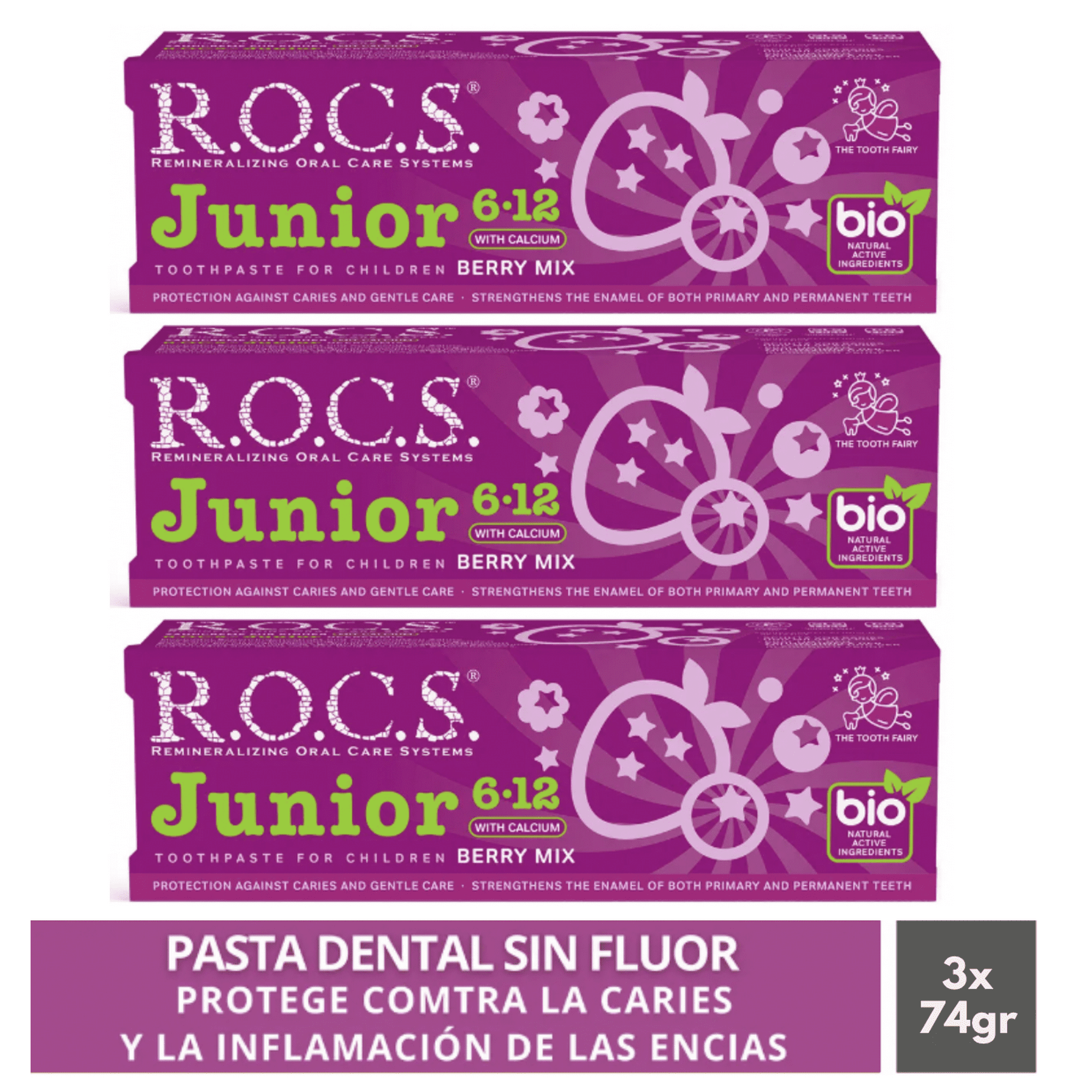 Pack 3 Pasta Dental Rocs Junior Berry Mix 74g Sin Fluor | Lider