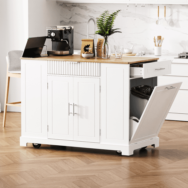 K&K Fluted Kitchen Island with Trash Can Storage Cabinet, Power Outlet ...
