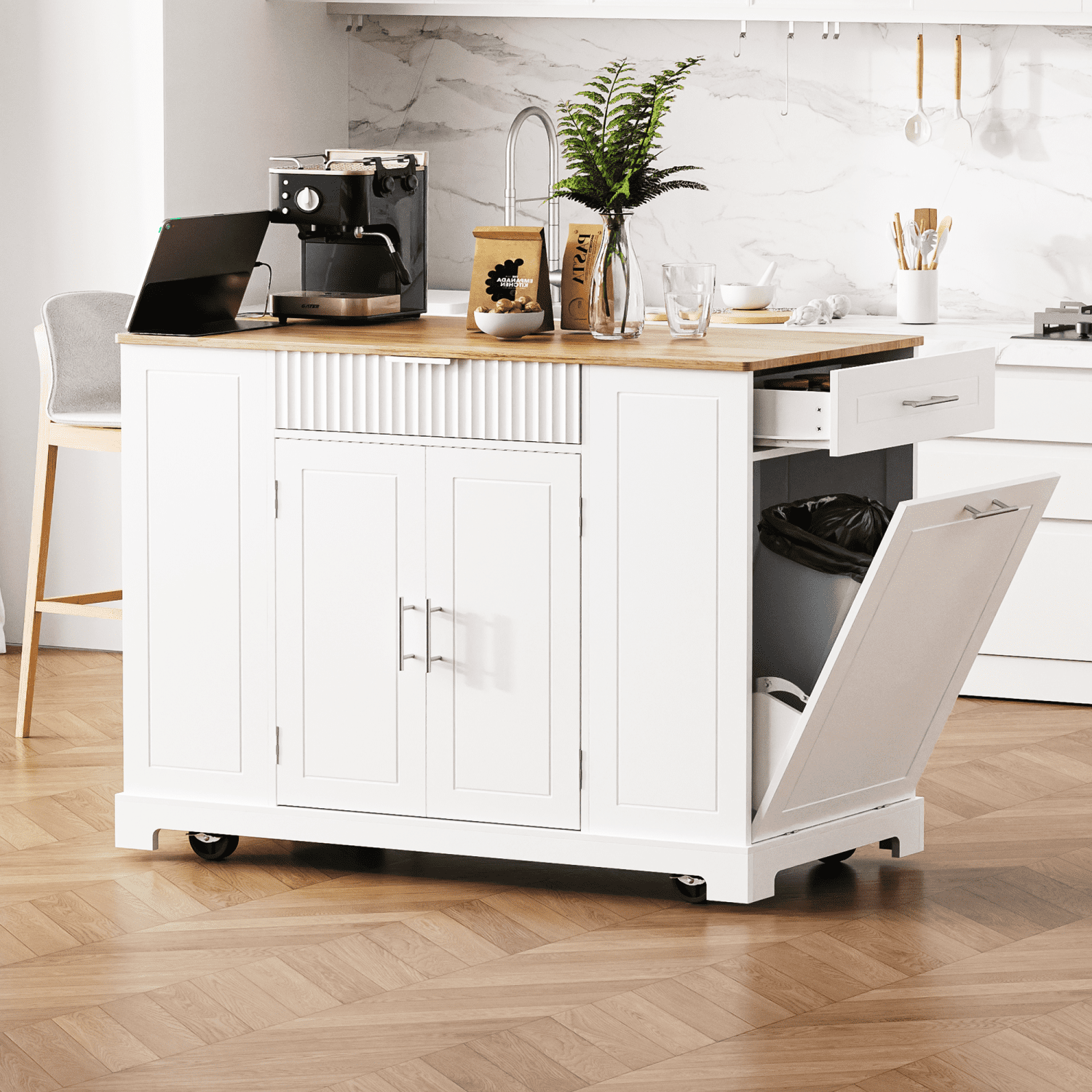 K&K Fluted Kitchen Island with Trash Can Storage Cabinet, Power Outlet ...