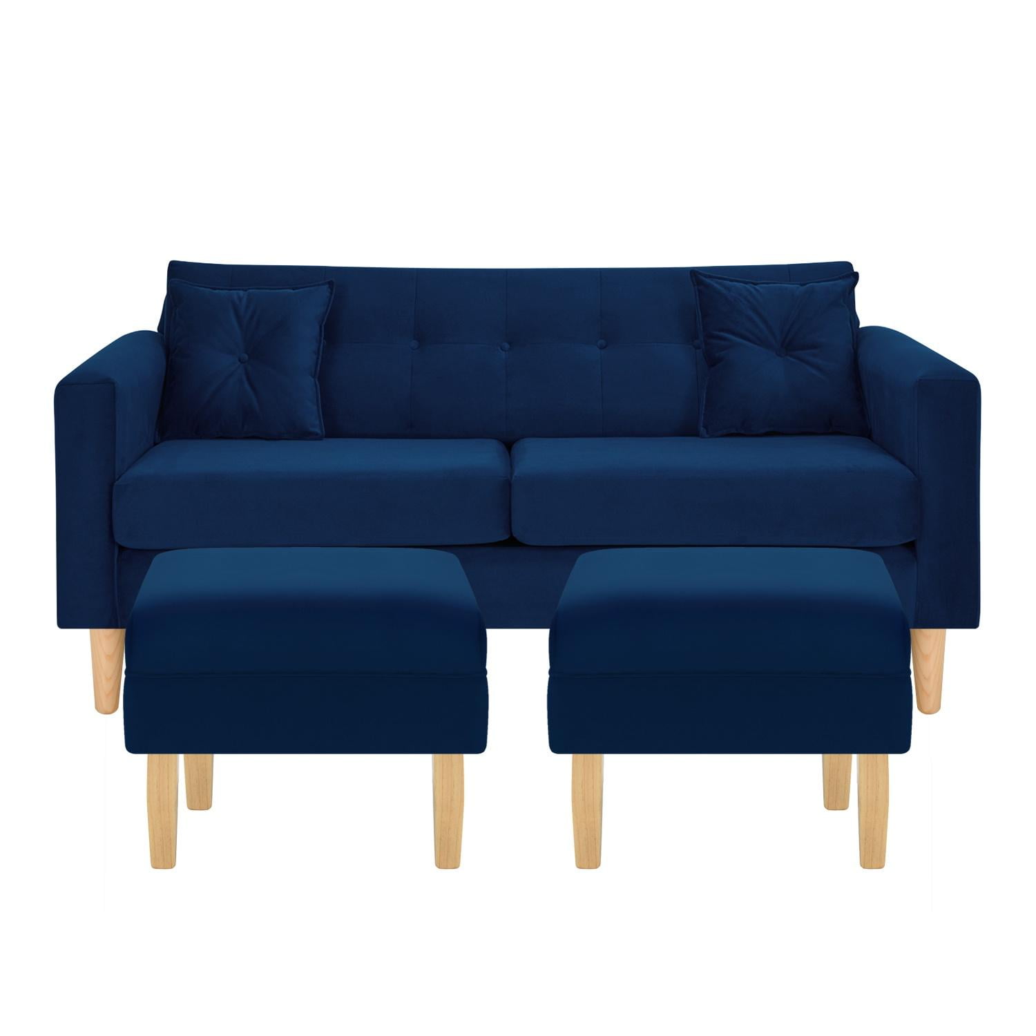 Sofa New Retro 3C + 2 Pouf Felpa 05 Azul Marino | Lider