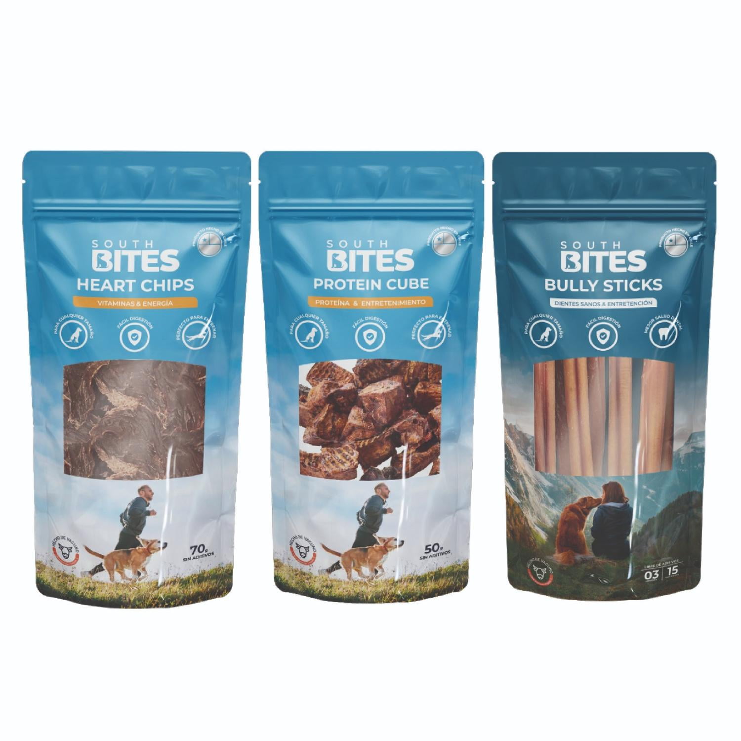 Pack Snack 1 Bully Sticks + 1 Protein cube + 1 Heart Chips azul | Lider