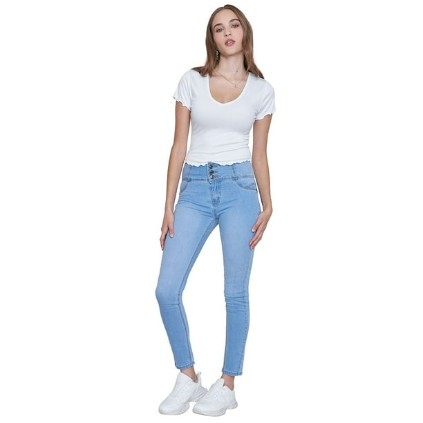 Jeans Mujer Skinny Fit Azul Claro Push Up 3 Botones Corona | Lider