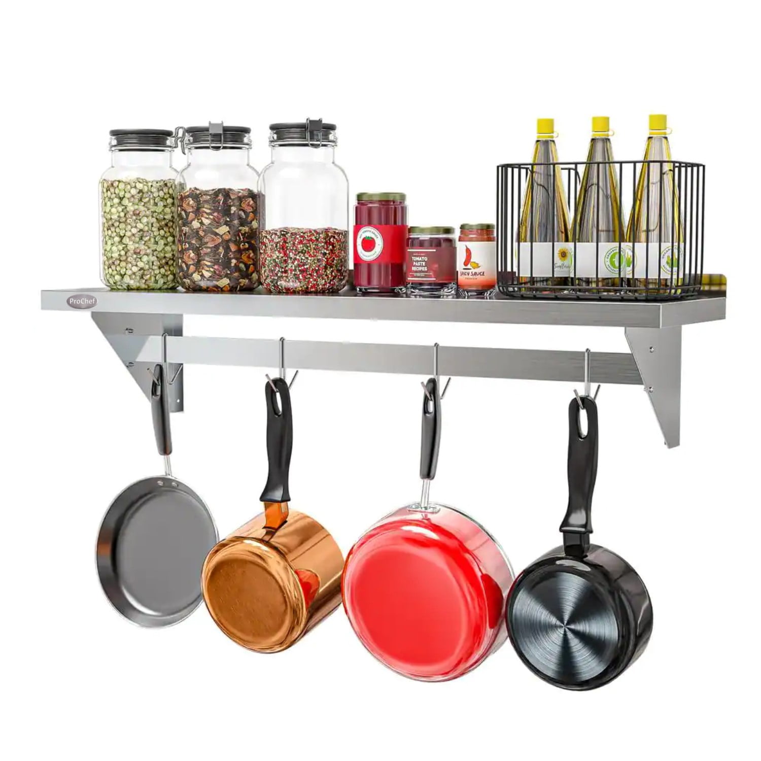 Repisa Mural 120x30 cm Acero Inoxidable con Colgadores de Ollas | Lider