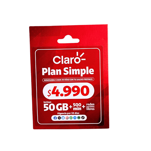 Chip Claro Plan Simple / 50GB + 500 Minutos + Redes / 30 Días | Lider