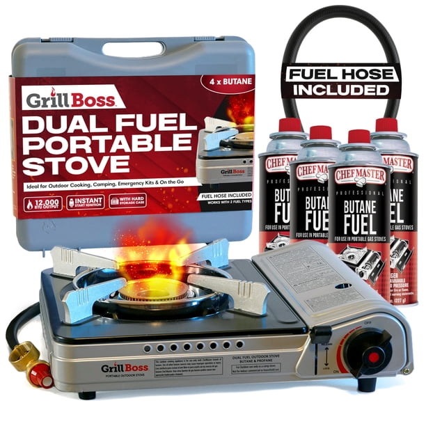 Camp Stove Grill Boss Dual Fuel con 4 bombonas de butano de 240 ml | Lider