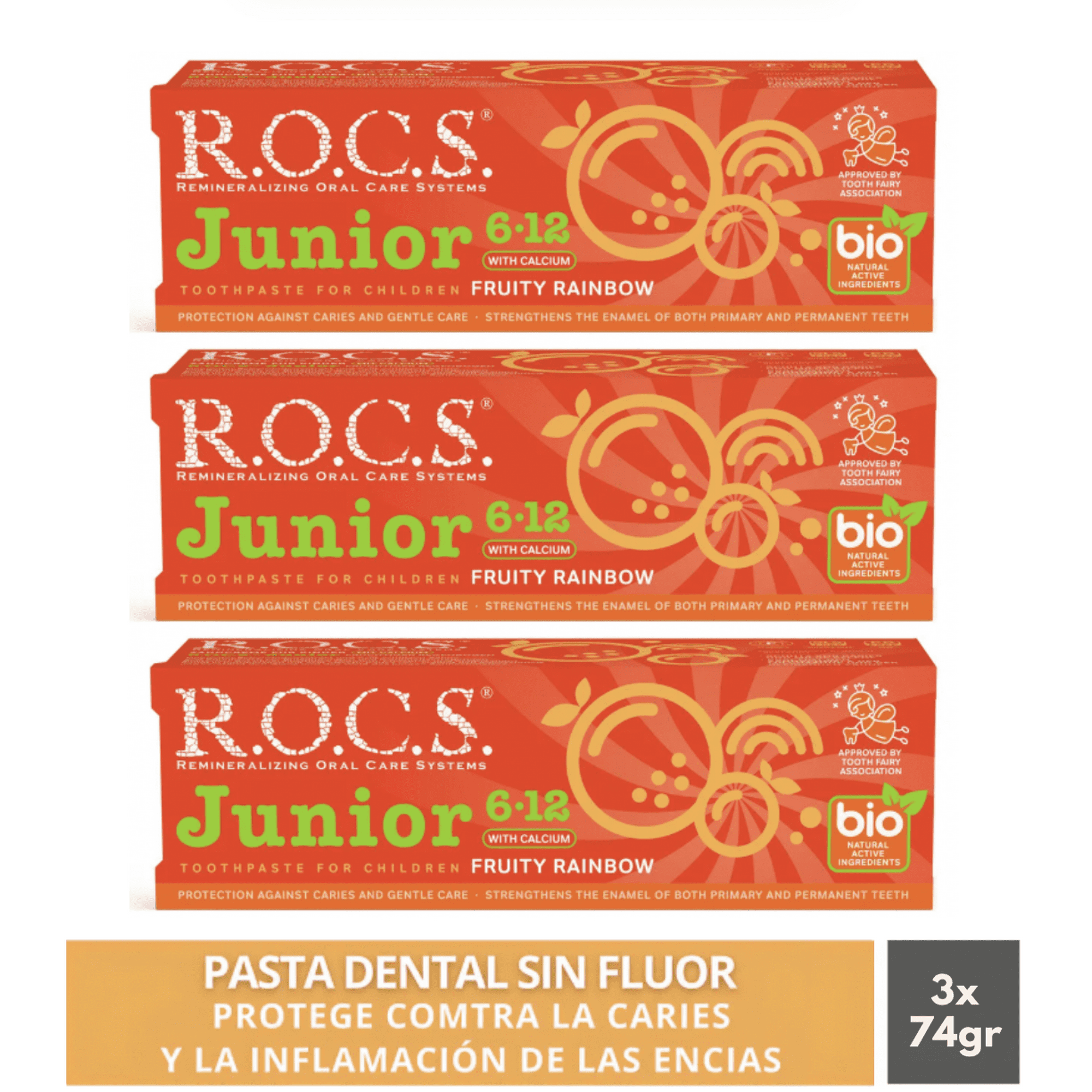 Pack 3 Pasta Dental Rocs Junior Fruity Rainbow 74g Sin Fluor | Lider