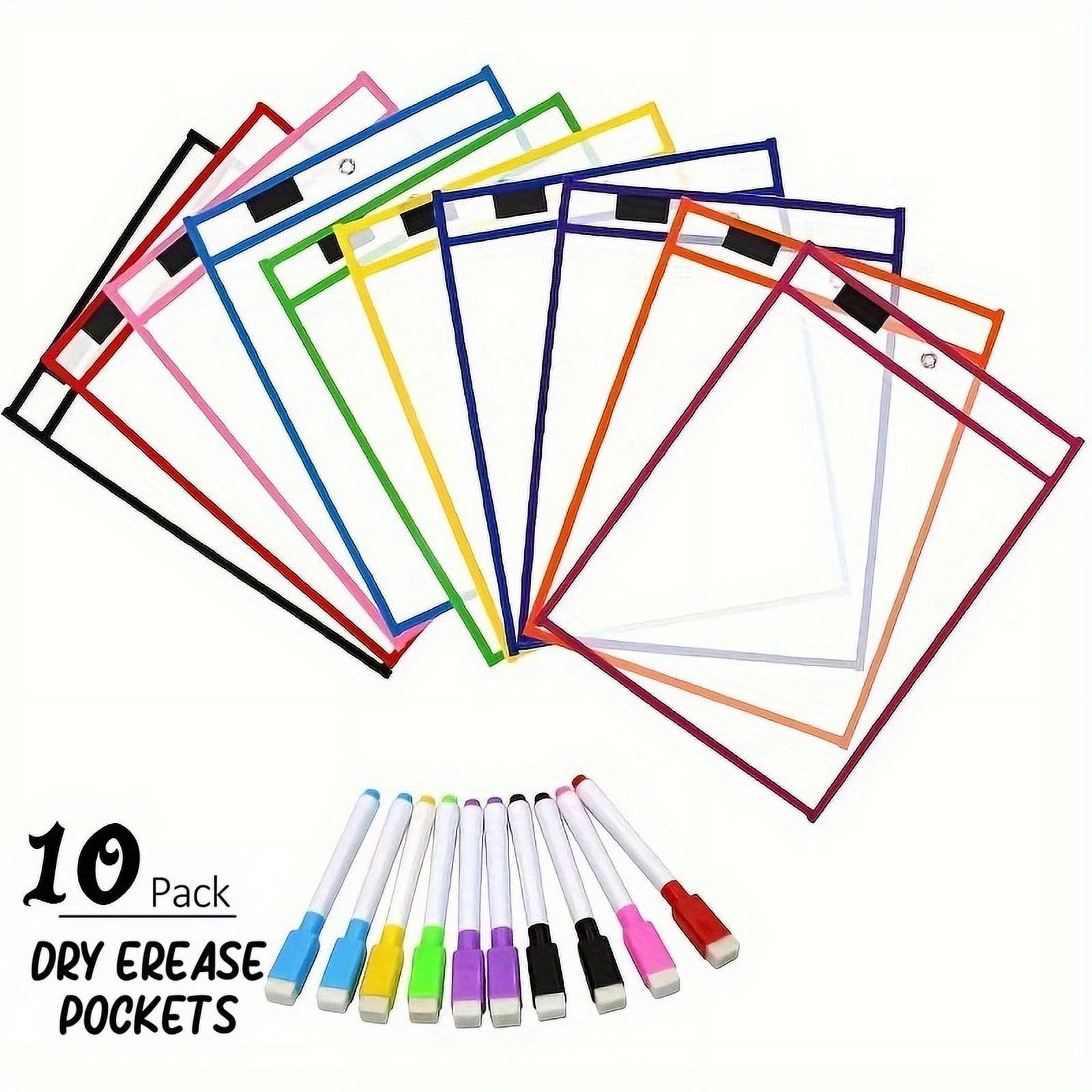 10-Pack of Reusable Dry Erase Pockets - Bright Colors for Learning and ...