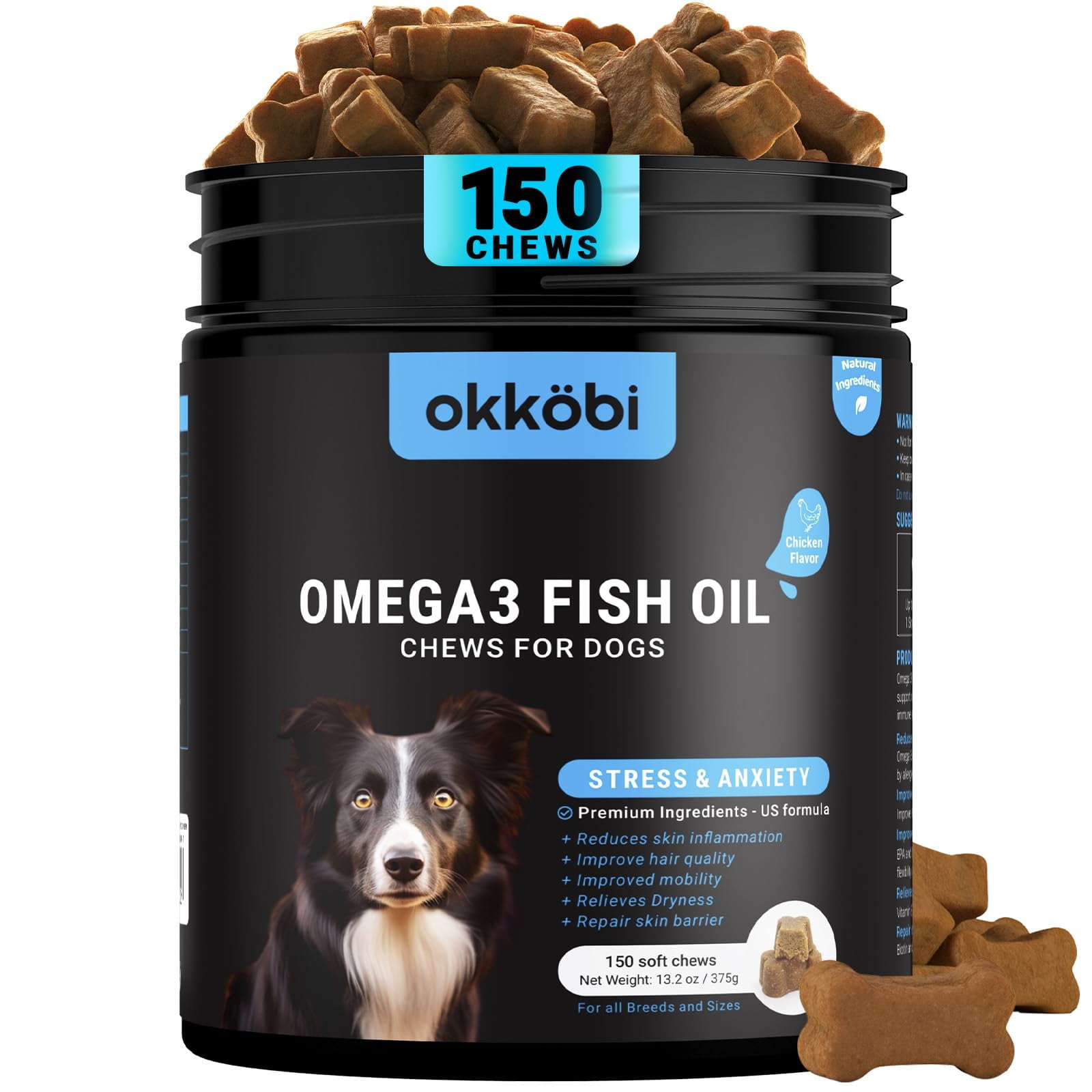 Masticables Omega 3 para Perros OKKÖBI 150 unidades Aceite de Pescado ...