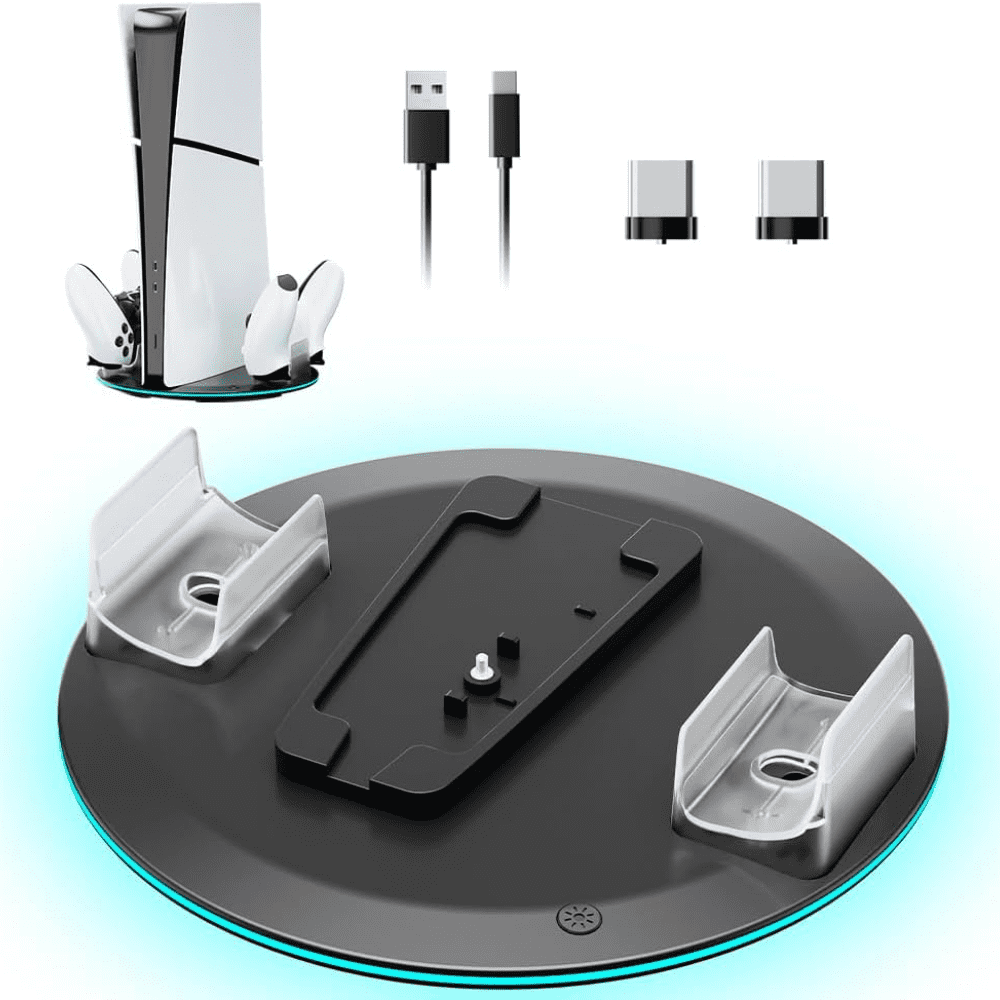Soporte vertical para consolas PS5/PS5 Slim/PS5 Pro con estación de carga para dos mandos, 7 ...