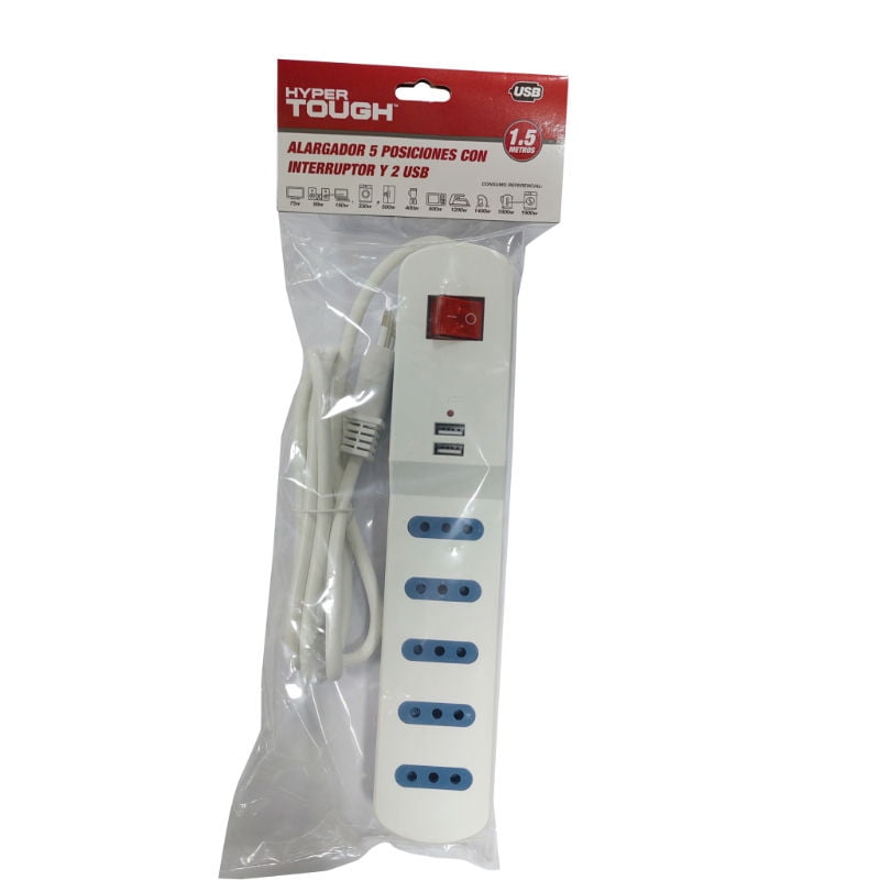 Alargador con interruptor 5 Posiciones 2 USB 1,5 Metros blanco | Lider