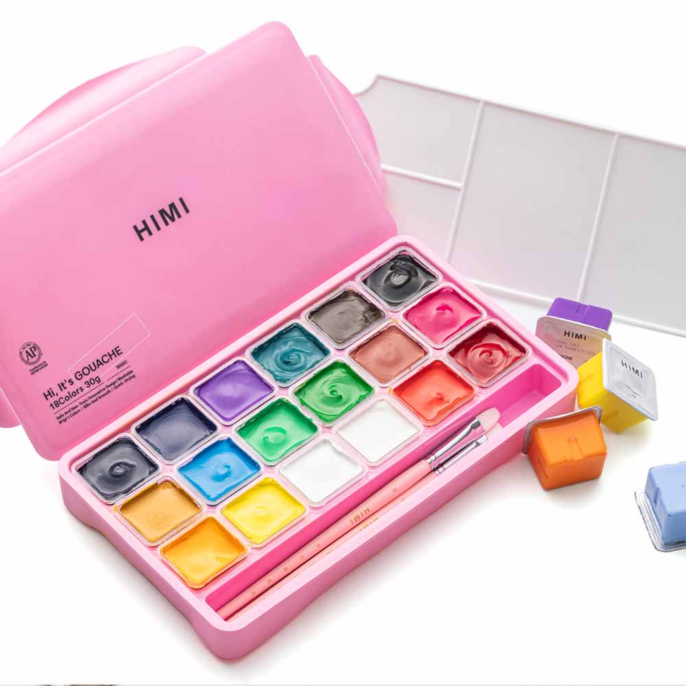Set Himi gouache 18 colores 30ml + pinceles rosado | Lider