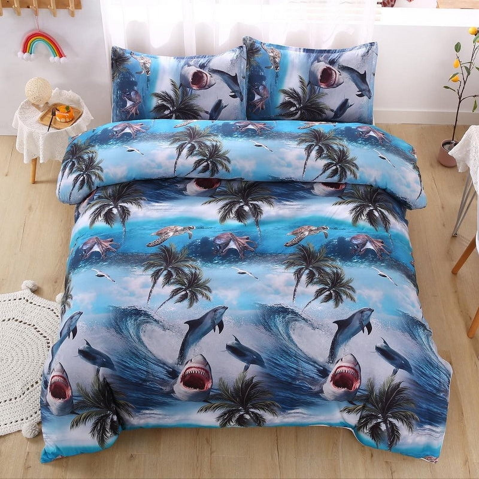 3D Azul Mar Coco Árbol Tiburón Funda nórdica Set Ropa de Cama Set Funda ...