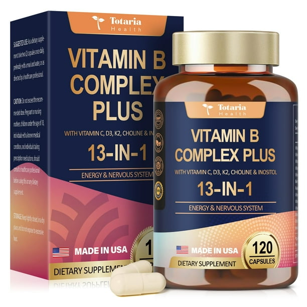 Complejo de vitamina B Totaria 13 en 1 con B1, B2, B3, B4, B5, B6, B7, B8, B9, B12, C, D3, K2 ...