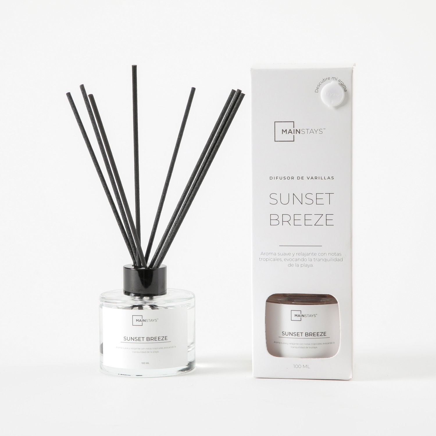 Difusor de Varillas 100ml Sunset Breeze Envase Transparente rosco Negro y Set Varillas Negras ...