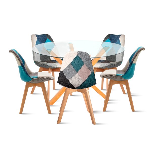 Comedor redondo de vidrio Cross 120cm + 5 Silla Eames Patchwork Acolchado Tela Wood - Celeste ...