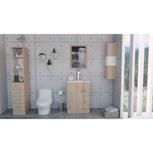 Mueble De Baño Parte 1 Y 2 + Espejo + Torre + Muro Rovere/Blanco | Lider