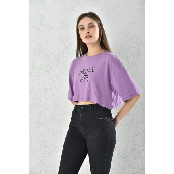 Polera Mujer Morada Crop Manga Corta Talla S | Lider