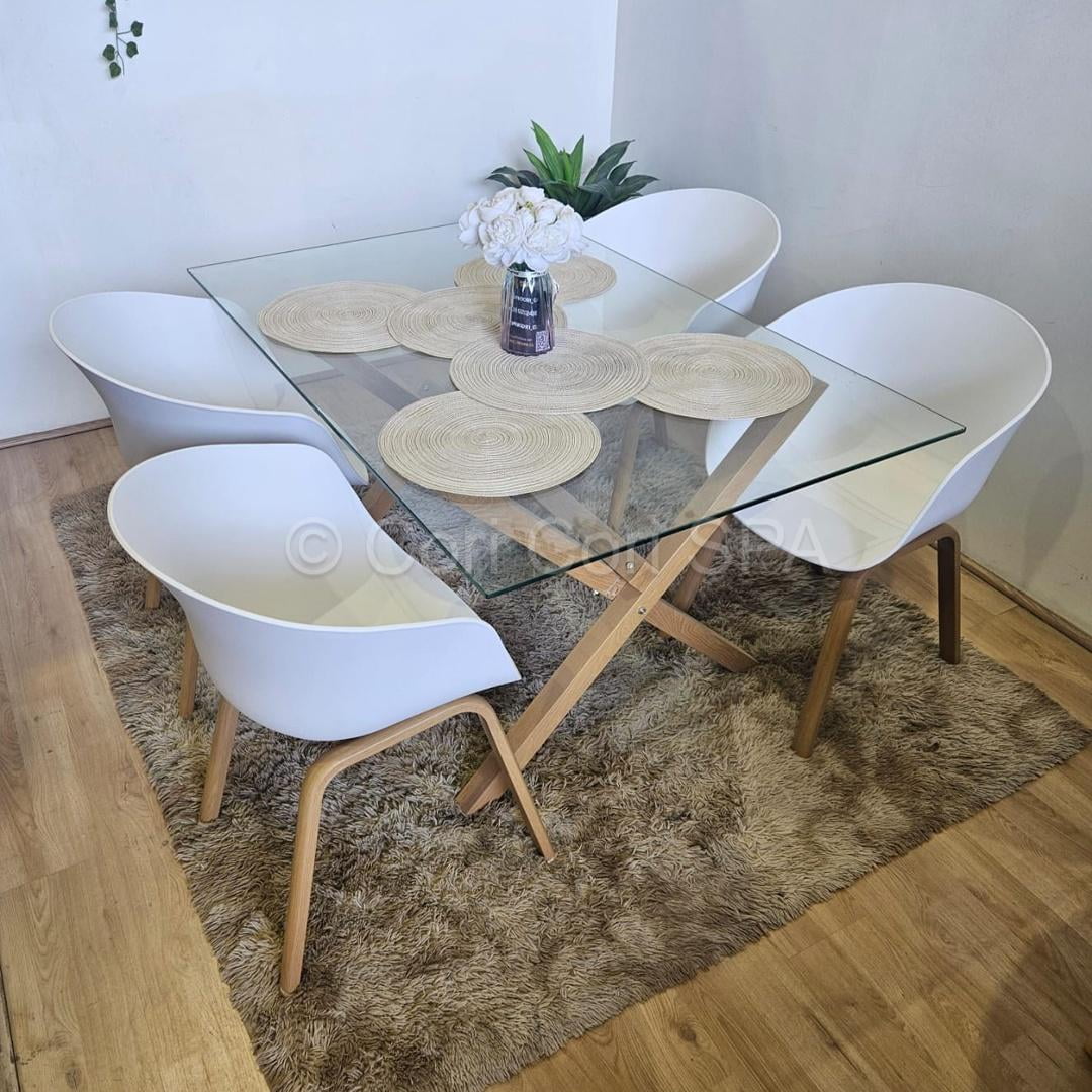 Comedor Mesa Vidrio D140x90 + 4 sillas Cup blancas | Lider