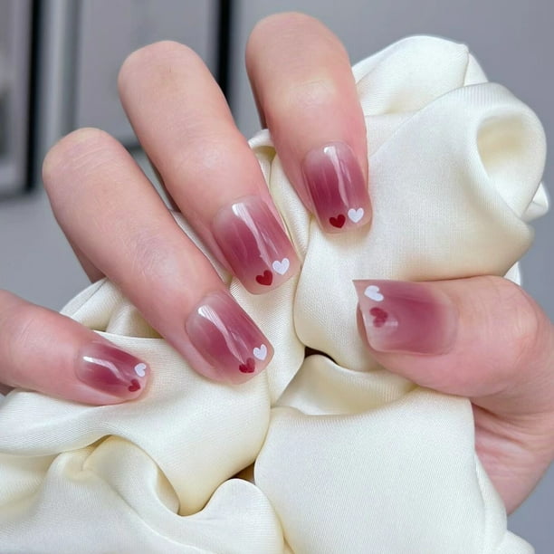 24 Pcs Jelly Red Chess Fake Nails, With Glitter Decor, Pressed On Fake ...