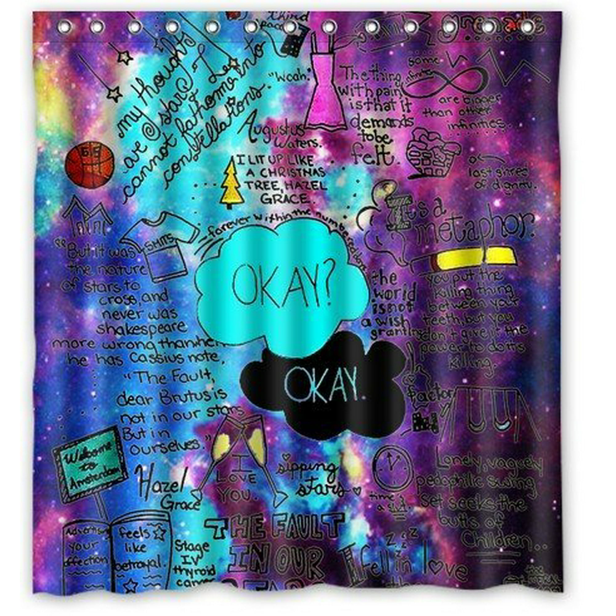 Cortina de ducha morada con el tema Bajo la misma estrella, con ganchos ...