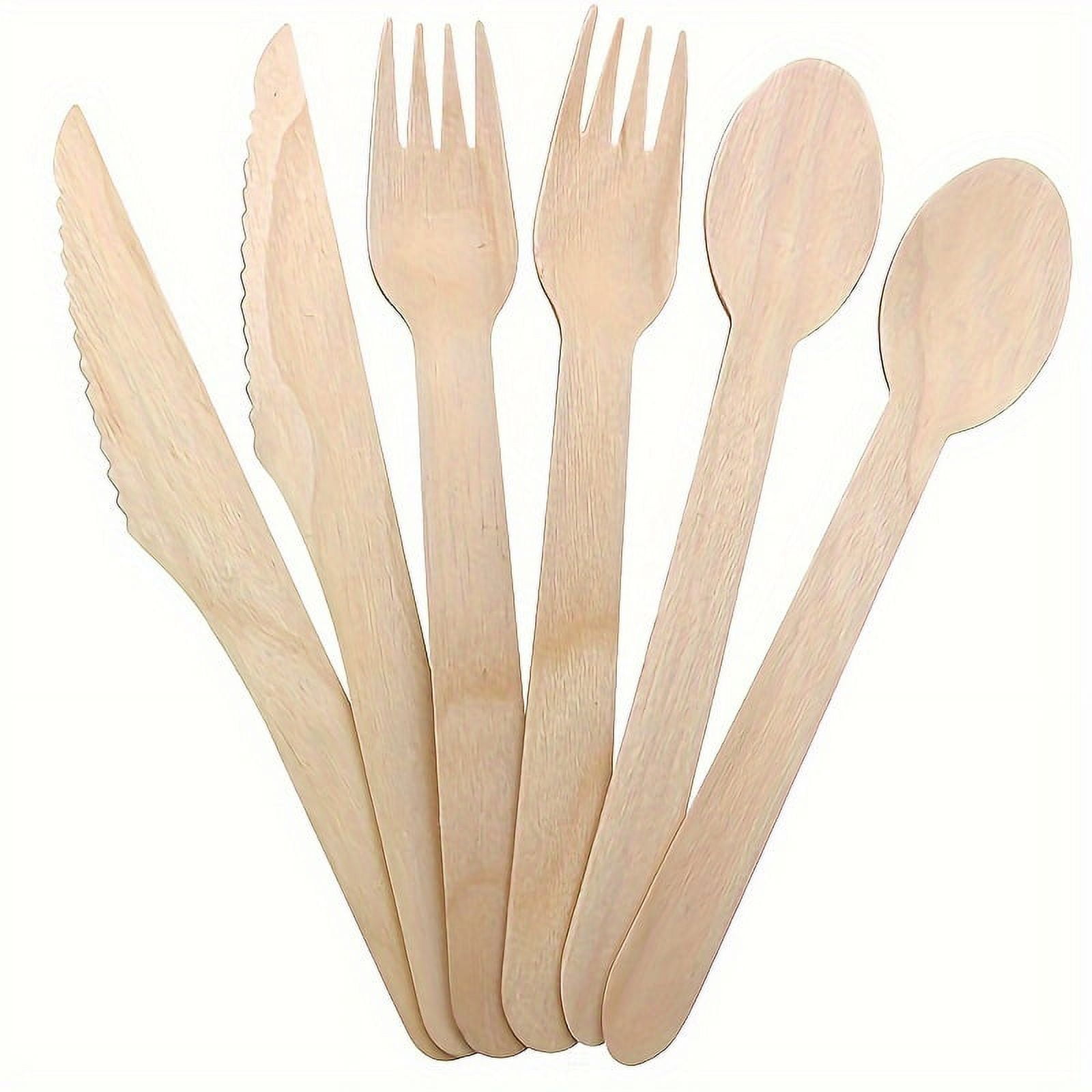 100 Count Wooden Cutlery Set Include Fork/Spoon/Knife, Natural Eco-Friendly Biodegradable ...